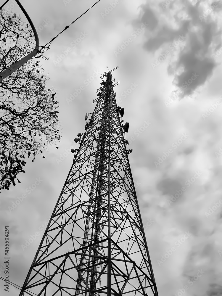signal transmitting tower beside the tree taken from below with blur effect and black and white ...