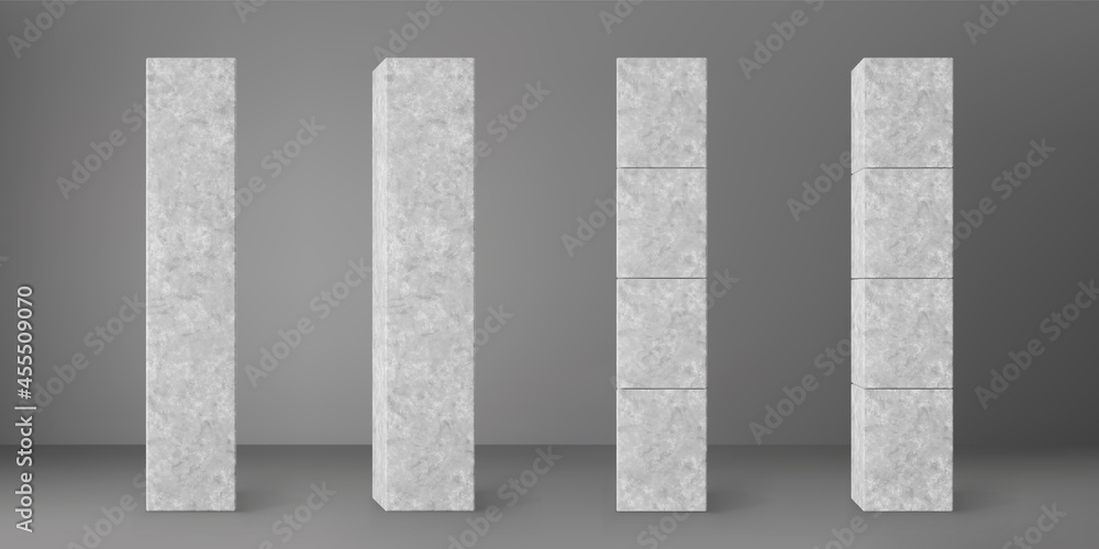Concrete square columns set isolated on grey background. Realistic ...