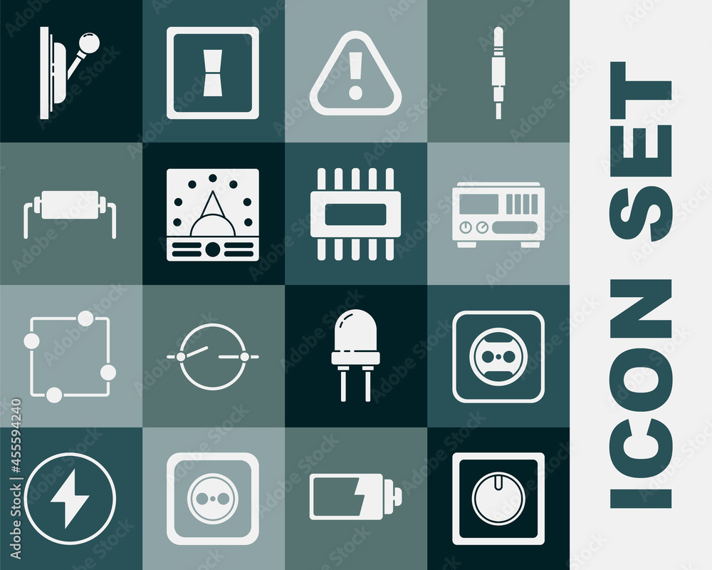 Set Electric light switch, measuring instruments, Exclamation mark triangle, Ampere meter ...