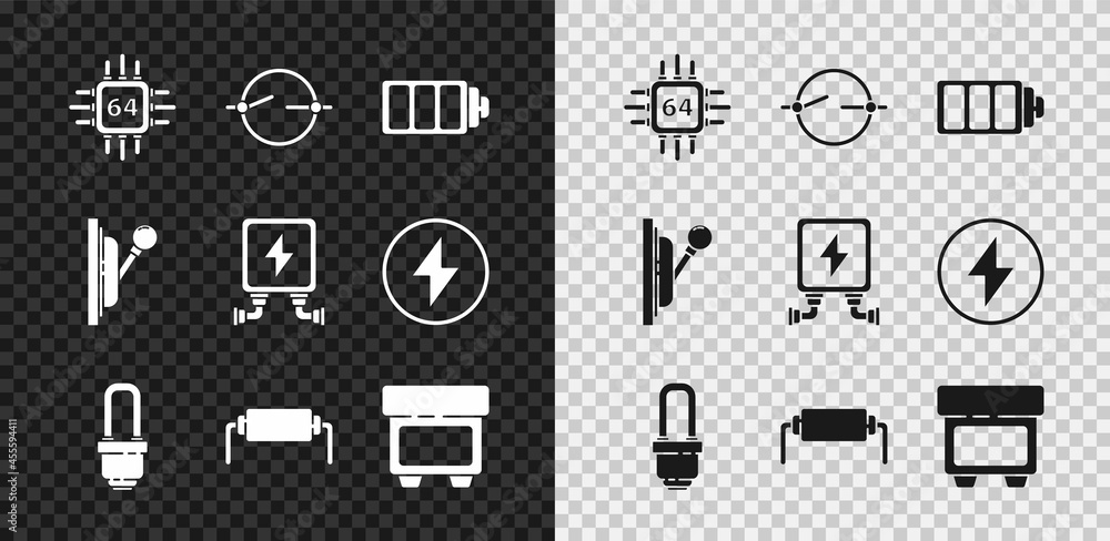 Set Processor with microcircuits CPU, Electric scheme, Battery charge level indicator, LED light ...