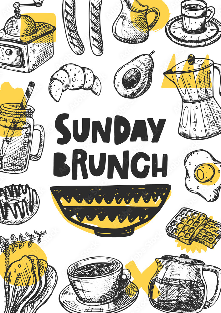 Sunday brunch hand drawn illustration with typography. Grunge style pan ...