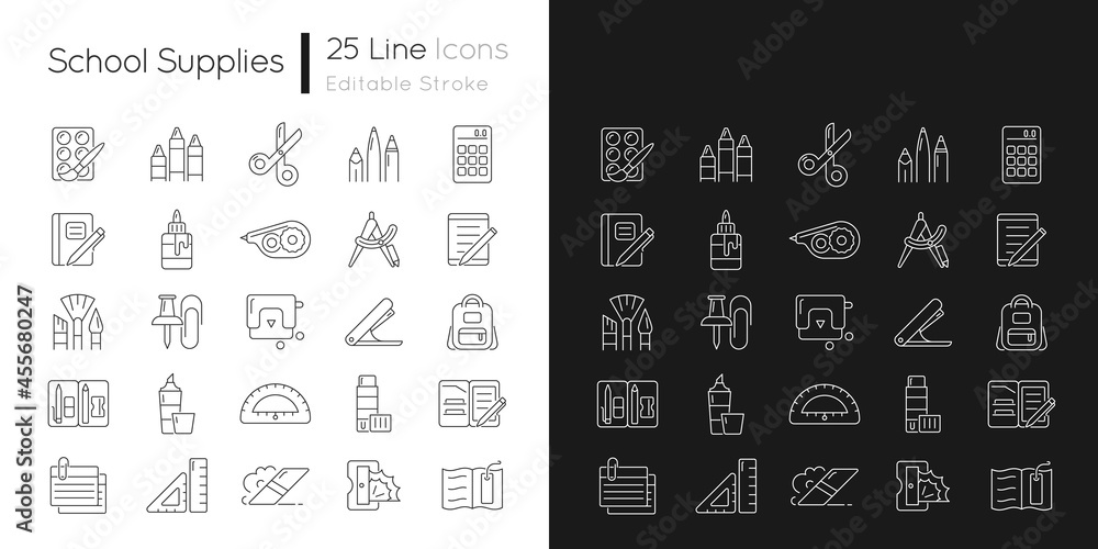 School supplies linear icons set for dark and light mode. Must-have ...