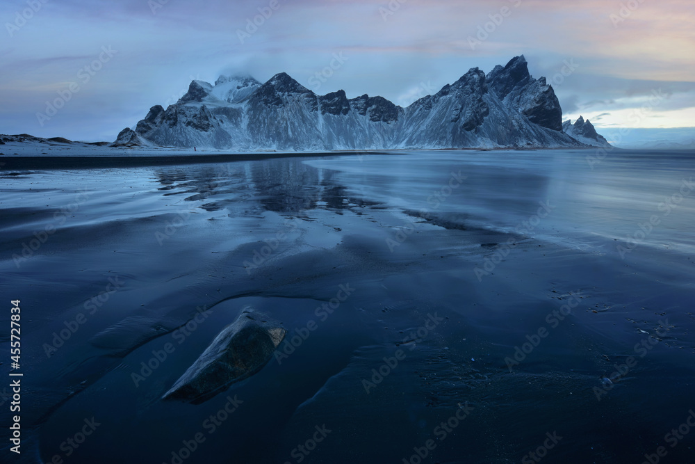 Vestrahorn and its black sand beach in Iceland.Sand dunes on the ...