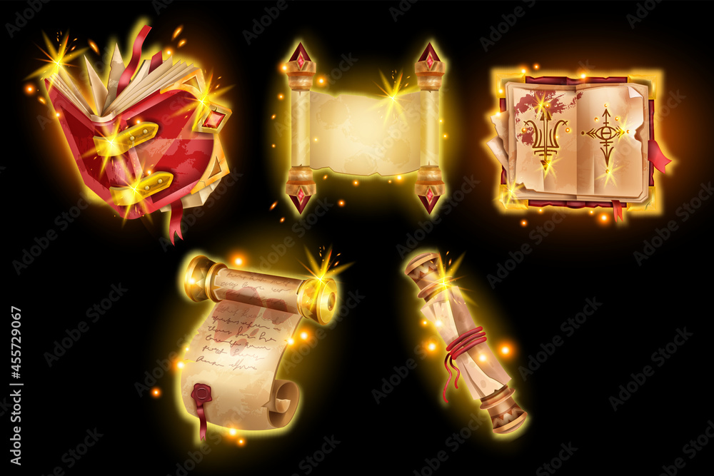 Old parchment vector magic illustration, game papyrus scroll paper, witchcraft spell book, glow ...