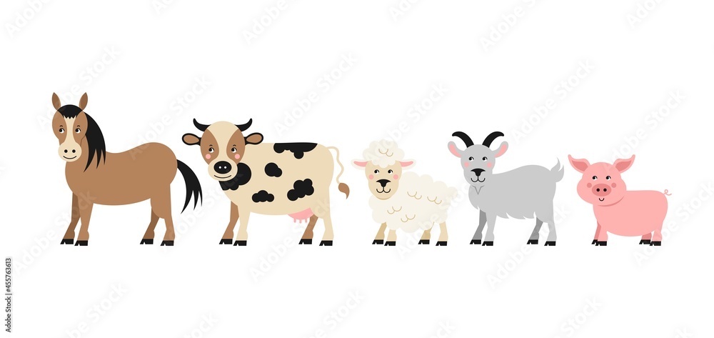 Cute farm animals. Cartoon pig, cow, horse, sheep, goat. Vector ...