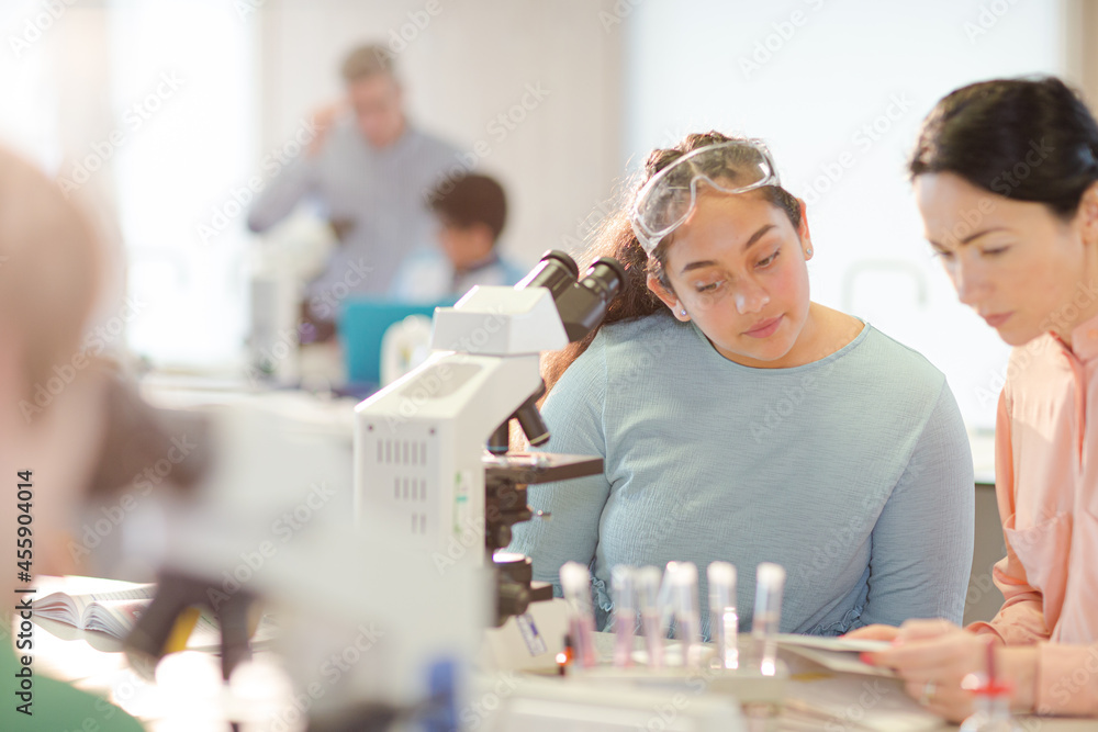 Female teacher and girl student conducting scientific experiment at ...