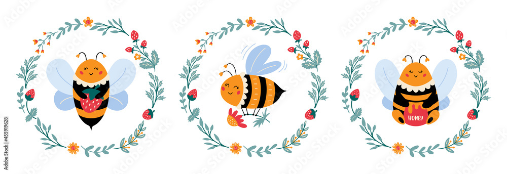 Bee vector set in cartoon style Cute bumblebee Stock Vector | Adobe Stock