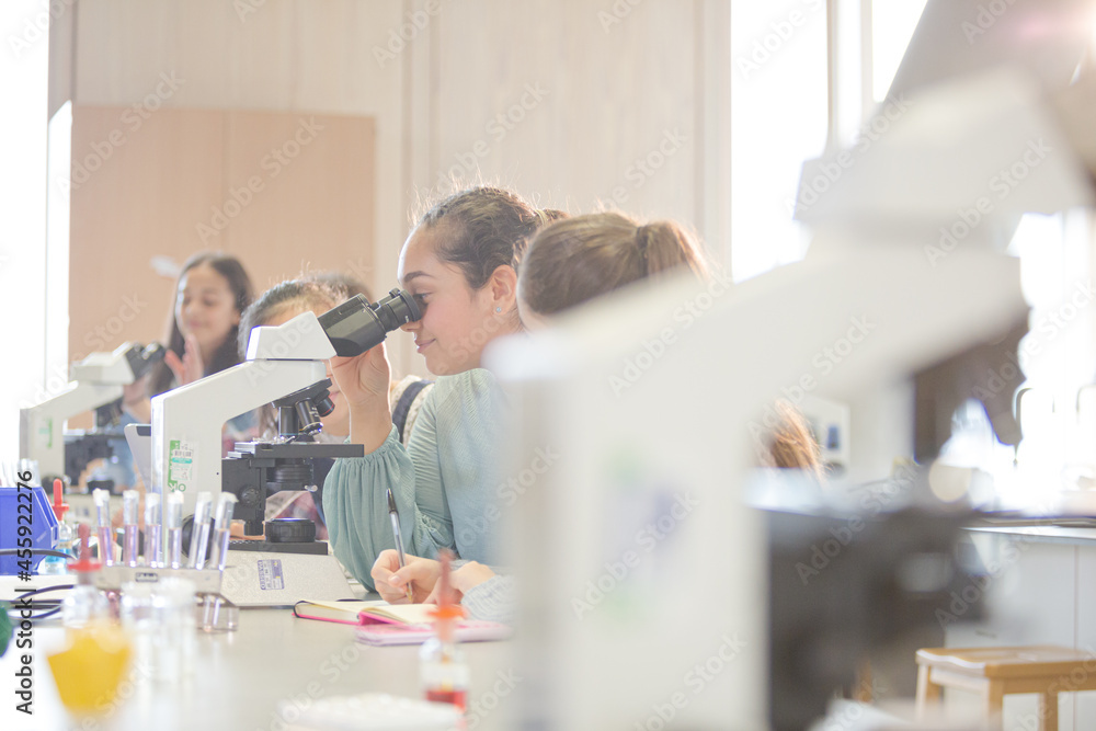 Girl students using microscope, conducting scientific experiment in ...