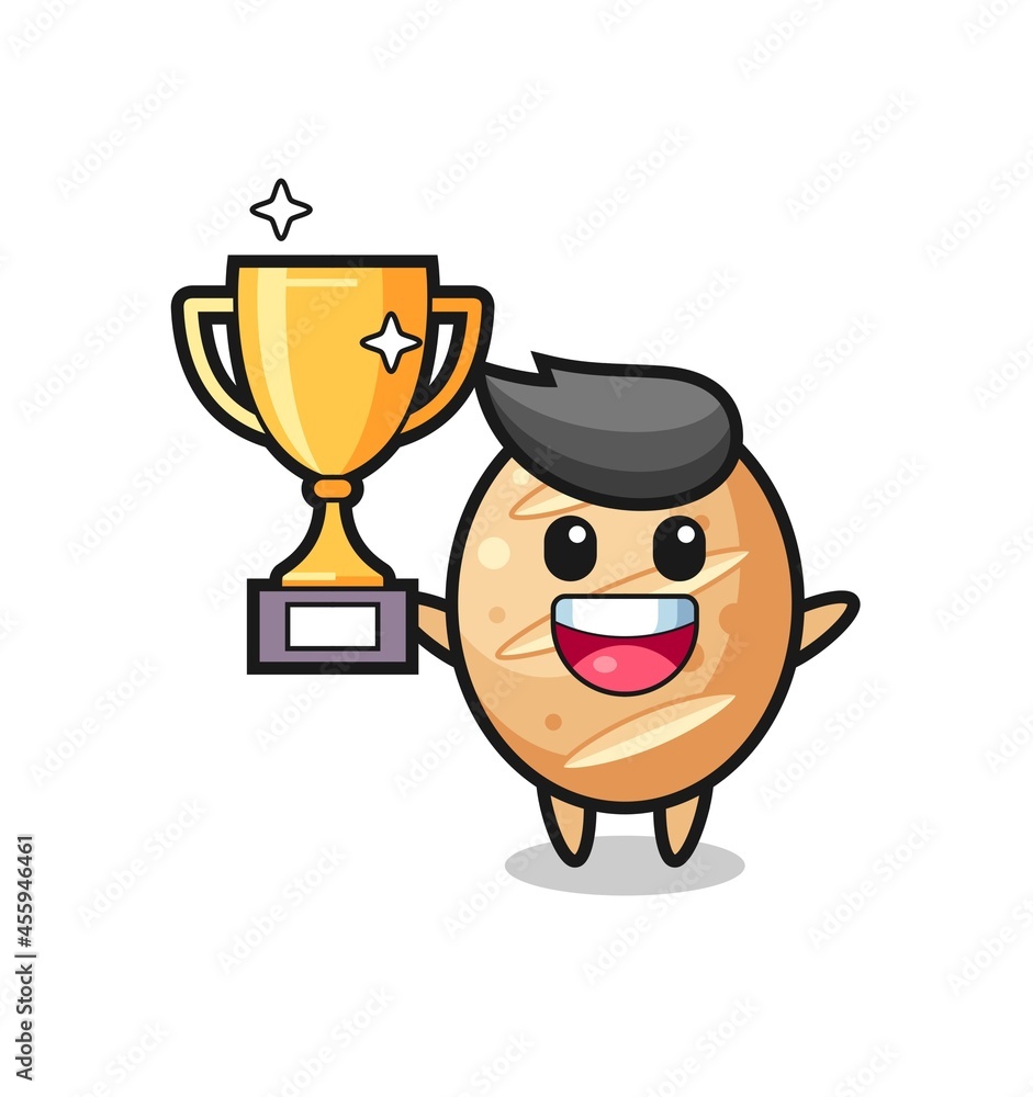 Cartoon Illustration of french bread is happy holding up the golden ...
