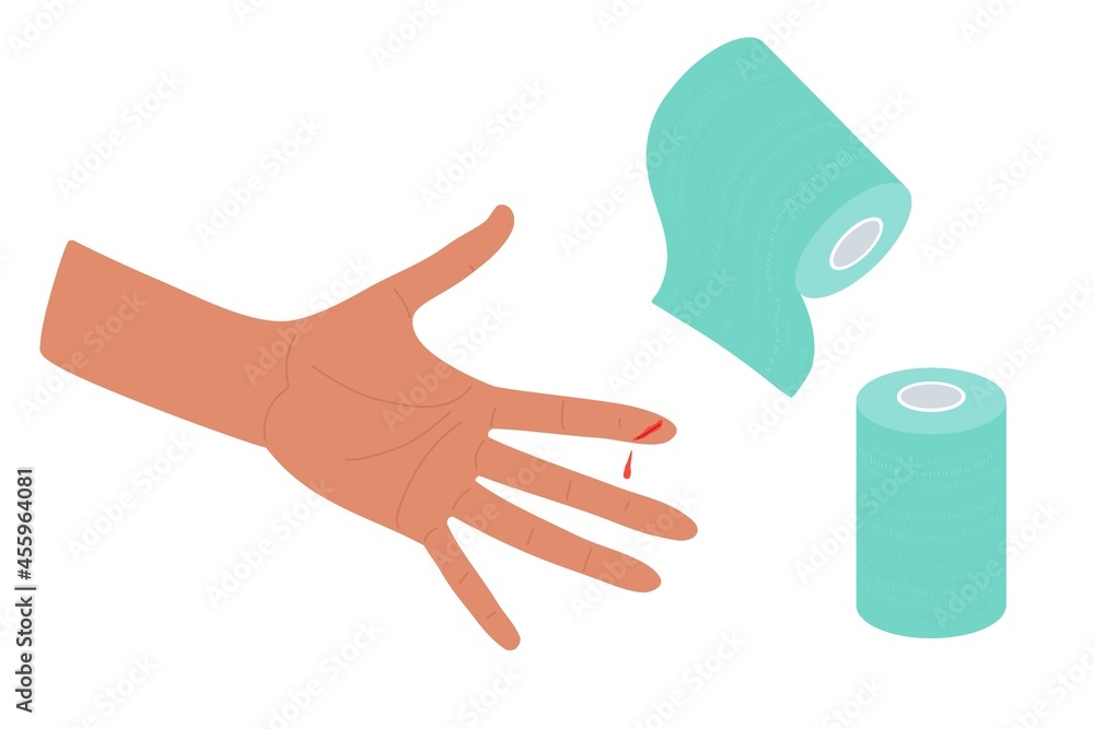 Physical injury. First aid for cuts. Bandaging. Dressings in roll and ...