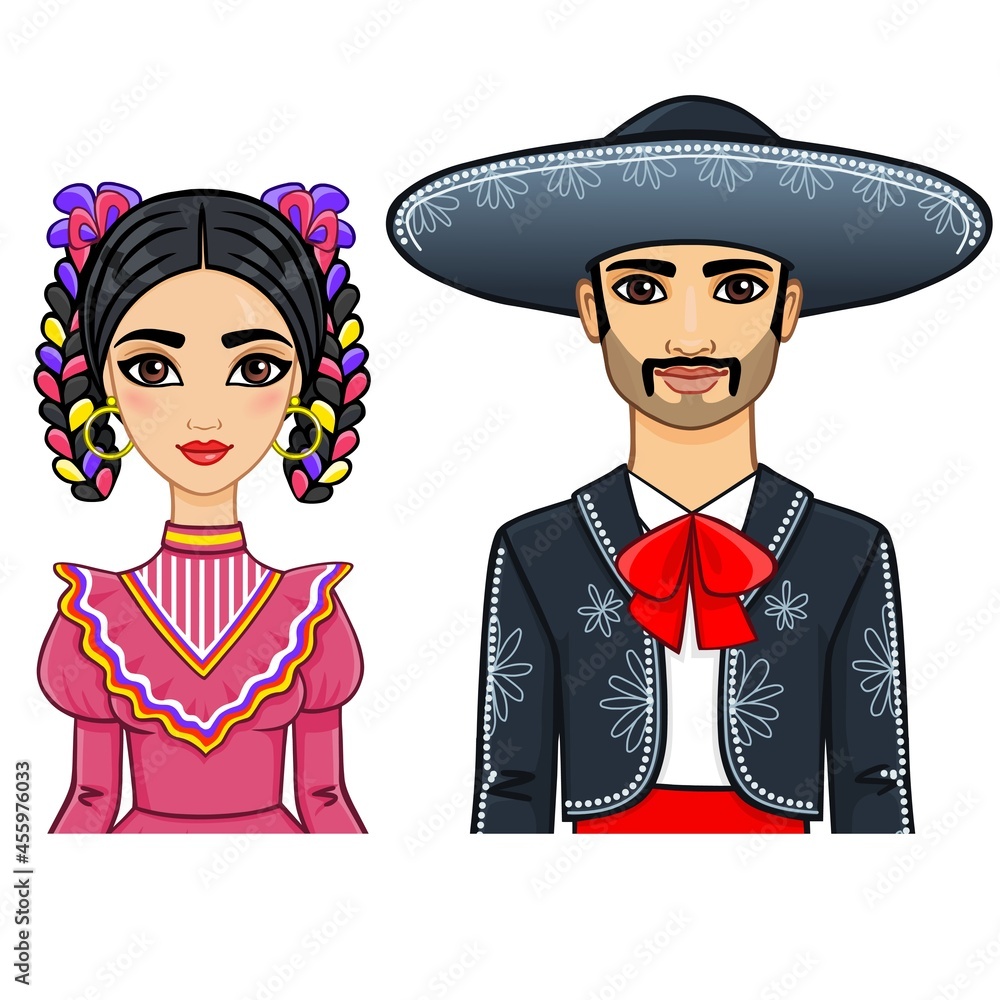 Animation portrait of the Mexican family in ancient clothes. The vector ...