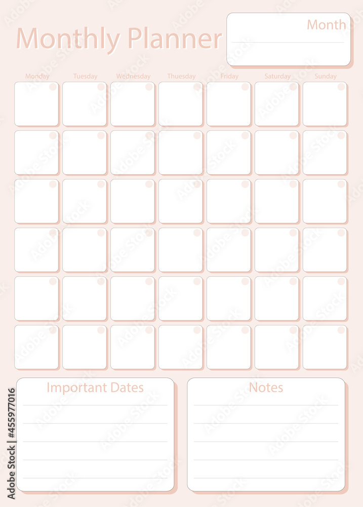 Monthly planner leaf in light pink color without dates, week starts on ...