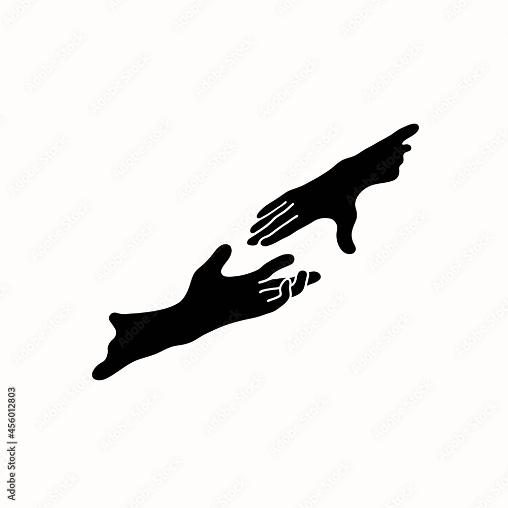 Two human hands arms stretching towards reaching each other logo sign ...