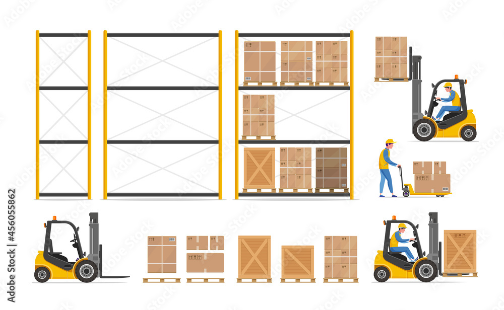 Warehouse equipment. Electric forklift with pile of goods boxes on ...