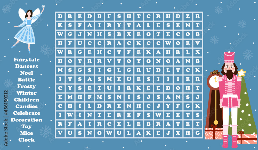 Christmas word search game for kids with nutcracker character and fairy ...