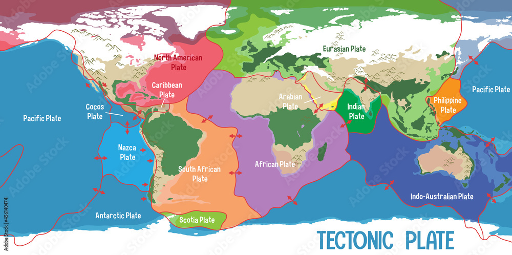 World Map Showing Tectonic Plates Boundaries Stock Vector | Adobe Stock