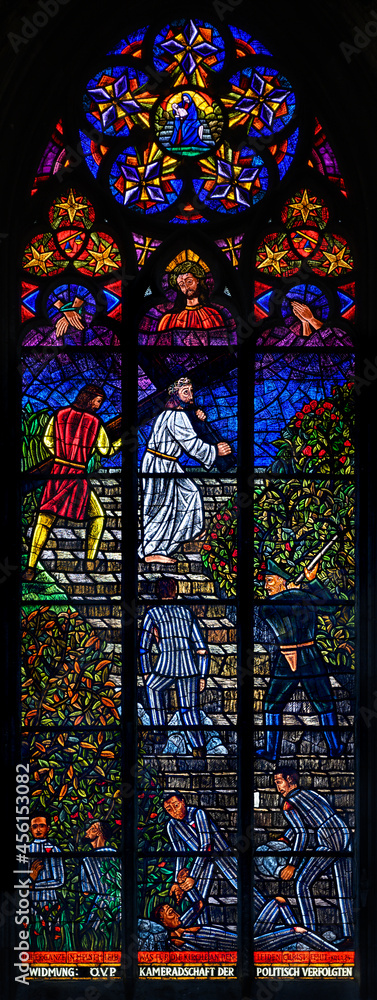Stained-glass window depicting the Mauthausen concentration camp in ...
