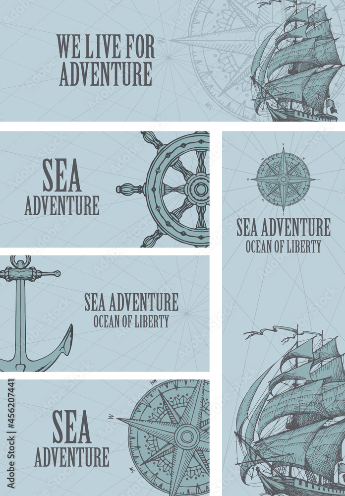 Set of vector banners on the theme of sea adventure with a hand-drawn ...