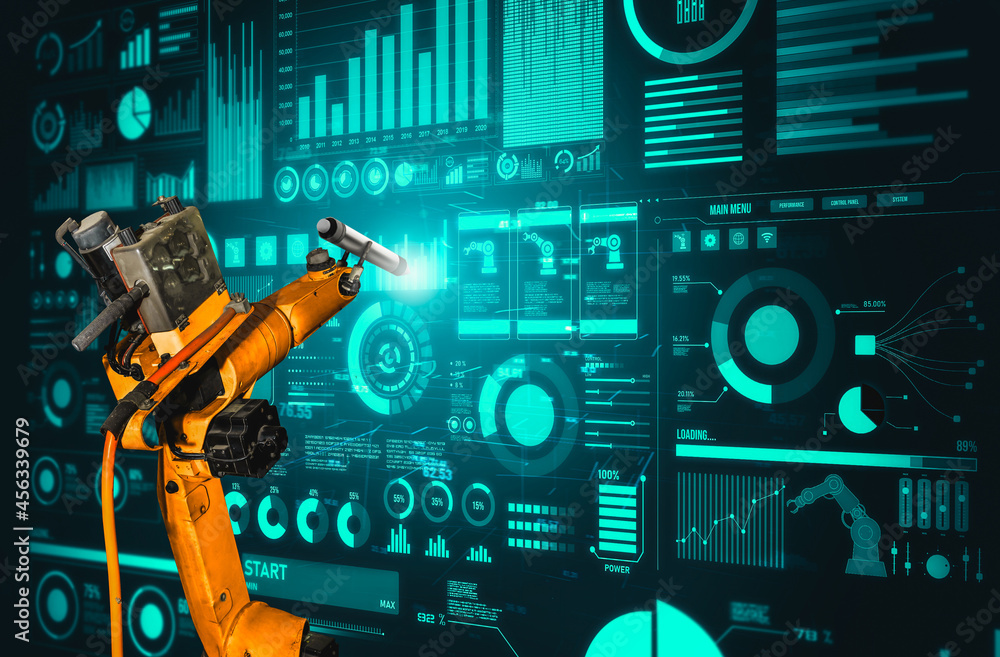 Robot arm AI analyzing mathematics for mechanized industry problem solving . Concept of robotics ...
