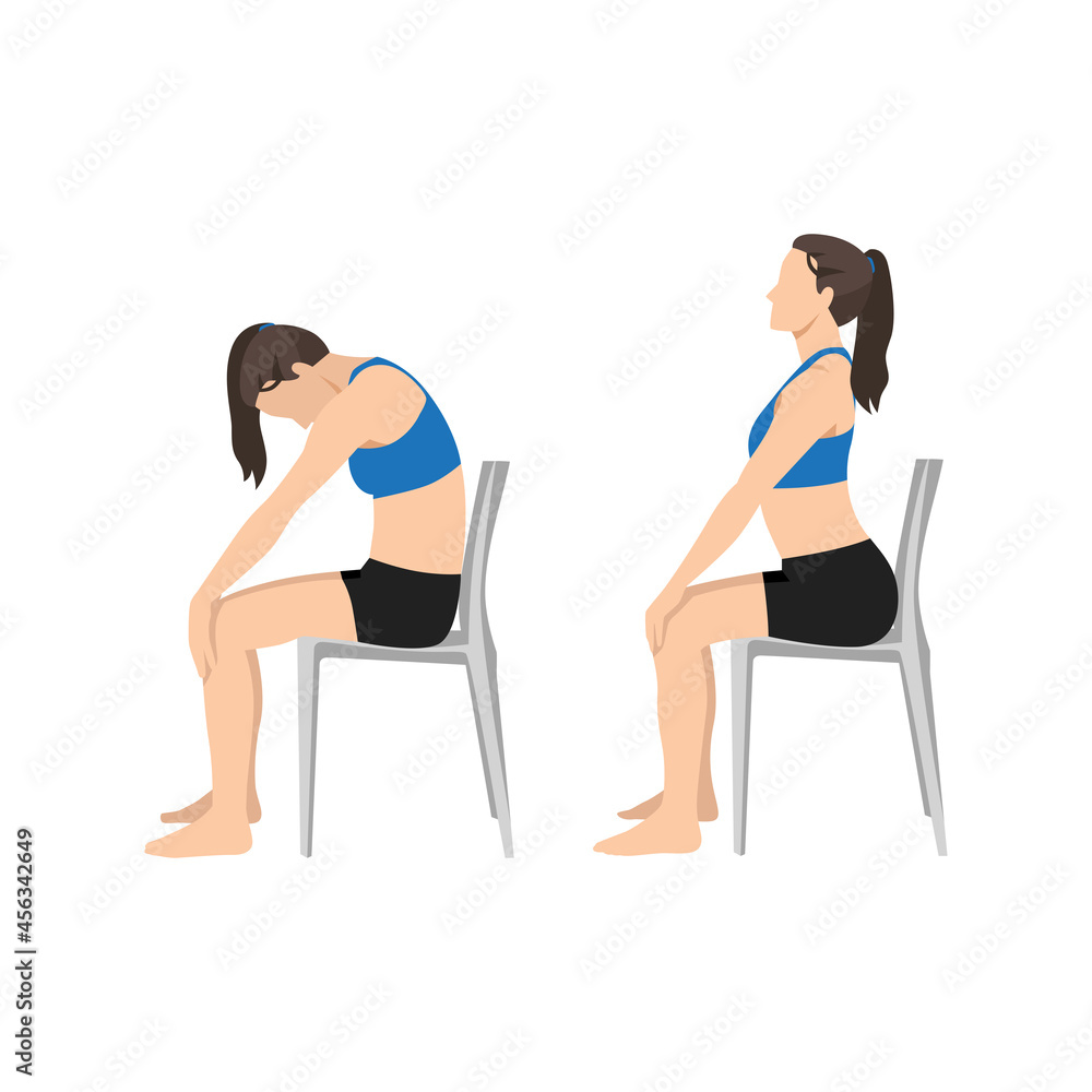 Woman doing Yoga. chair cat cow stretch exercise. Flat vector ...