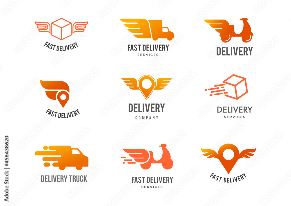 Blue delivery logos collection, set of emblems, symbols and icons. Fast ...
