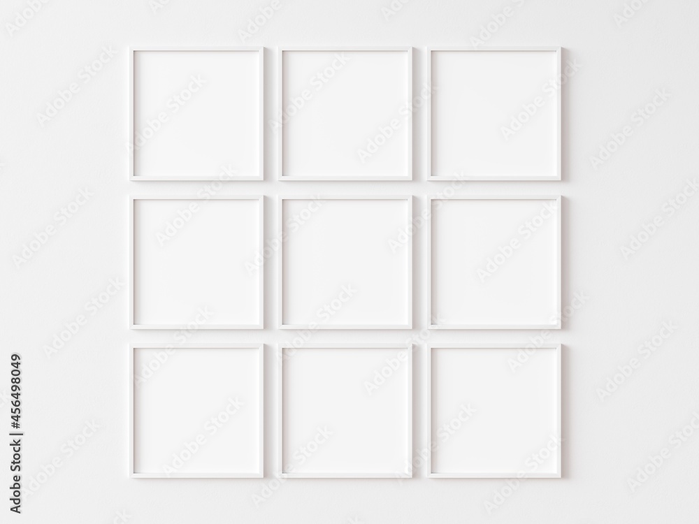 Symmetrical composition of nine square white picture frames isolated on ...