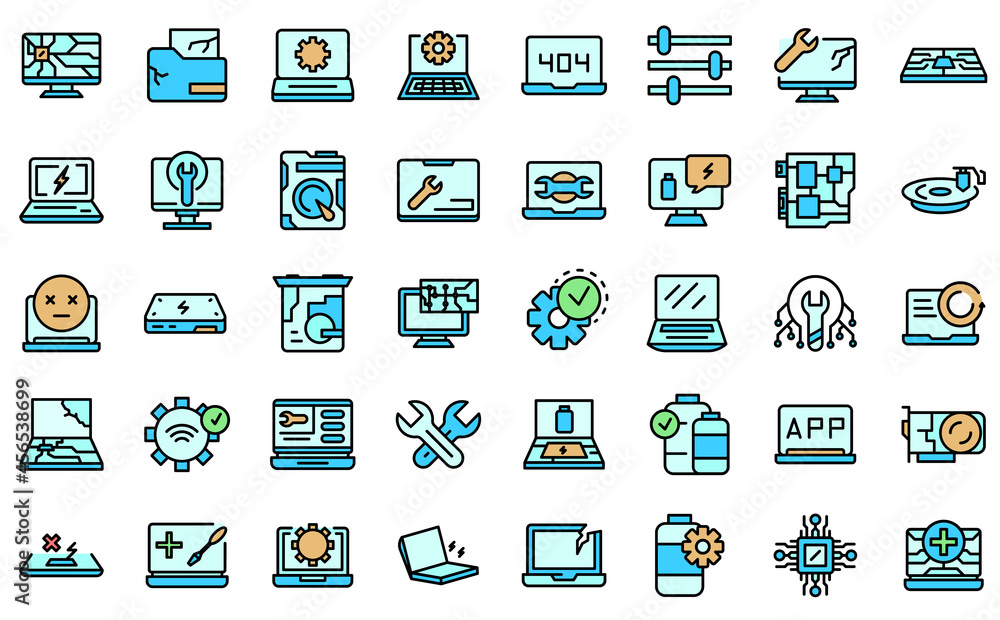 Laptop repair icons set. Outline set of laptop repair vector icons thin ...