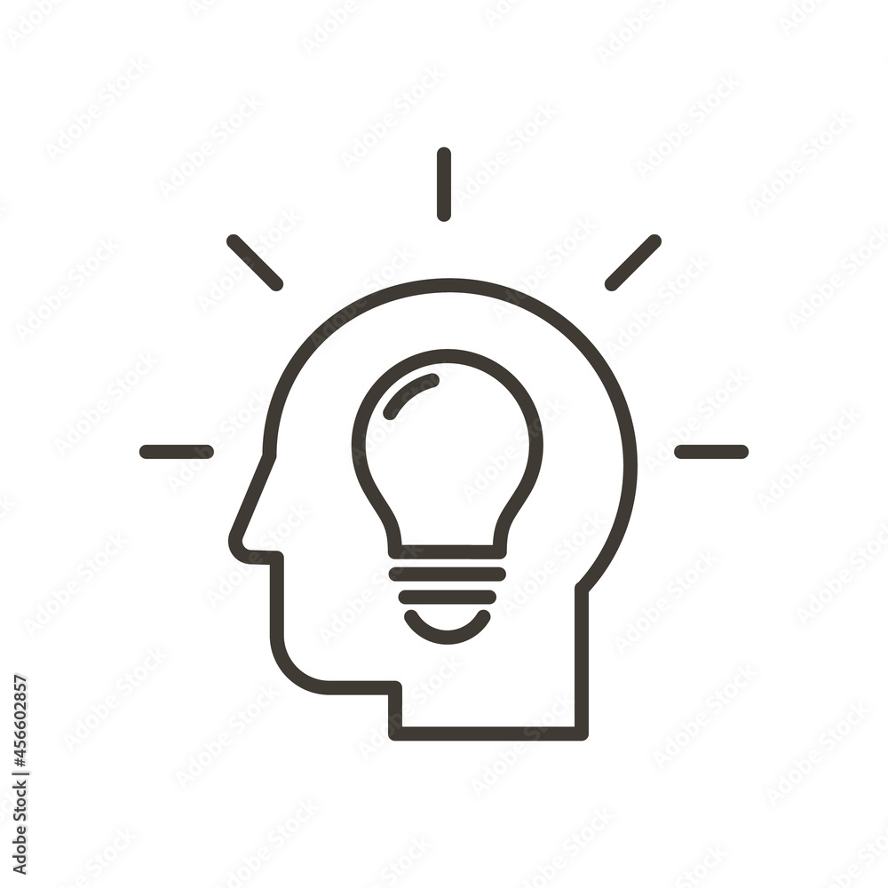 Head thinking with lightbulb. Vector thin line icon with person profile ...