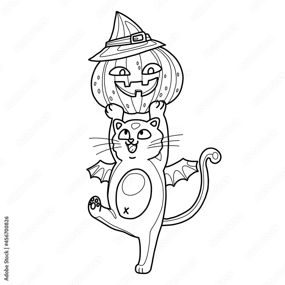 Funny halloween coloring book page for children and adult. Cat in bat ...