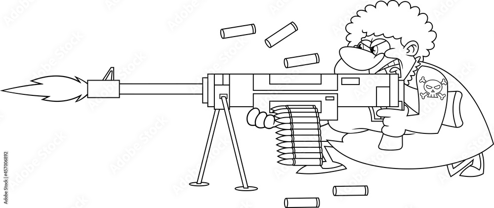 Outlined Angry Grandmа Cartoon Character Shoots With A Big Machine Gun ...