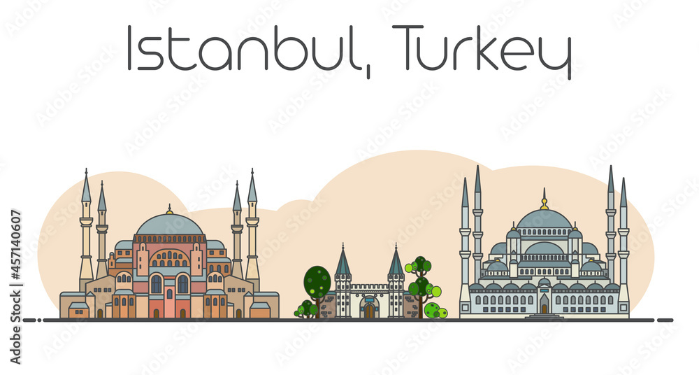 Flat vector line illustration of Istanbul, Turkey cityscape. Famous ...