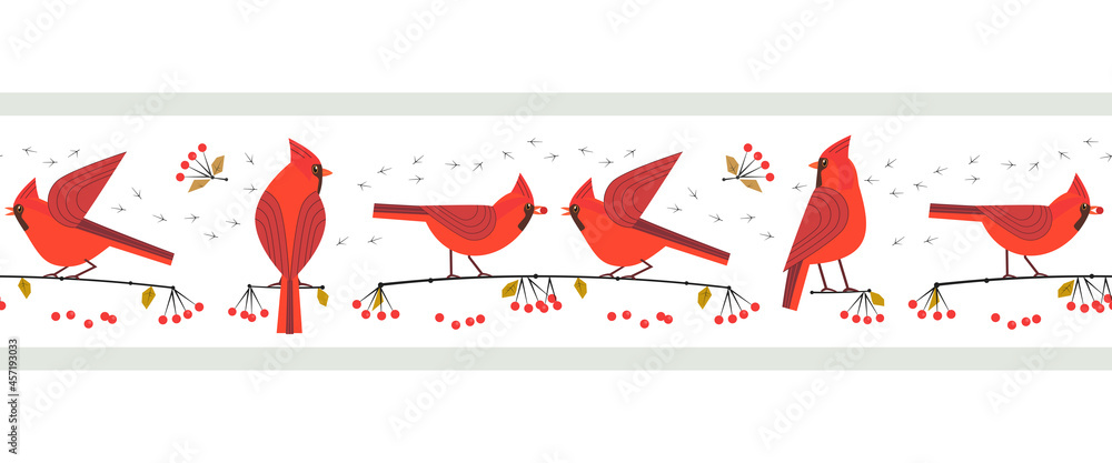Red cardinal birds cute seamless vector border. Birdwatching, bird ...