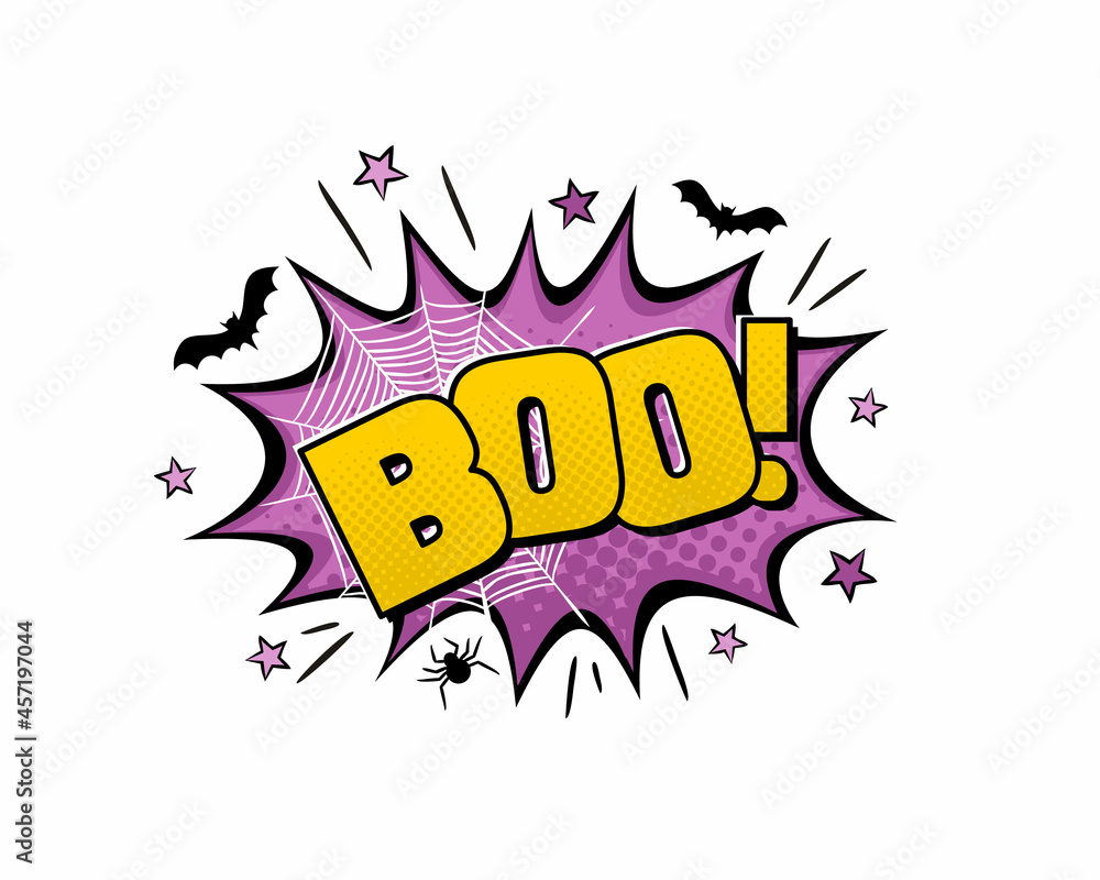 Boo comic logo. Halloween emblem. Cartoon explosion with bat, spider ...