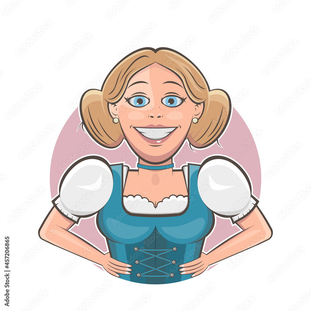 cartoon illustration of a happy girl in traditional bavarian dirndl ...
