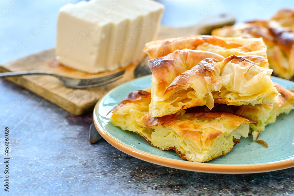 Bakery .Home made cheese pie with phyllo pastry, feta cheese and ...