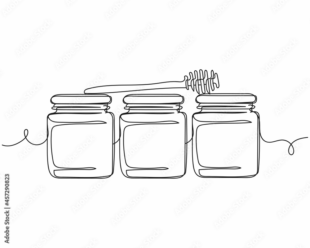Continuous one line drawing of jars with honey and spoon icon in ...