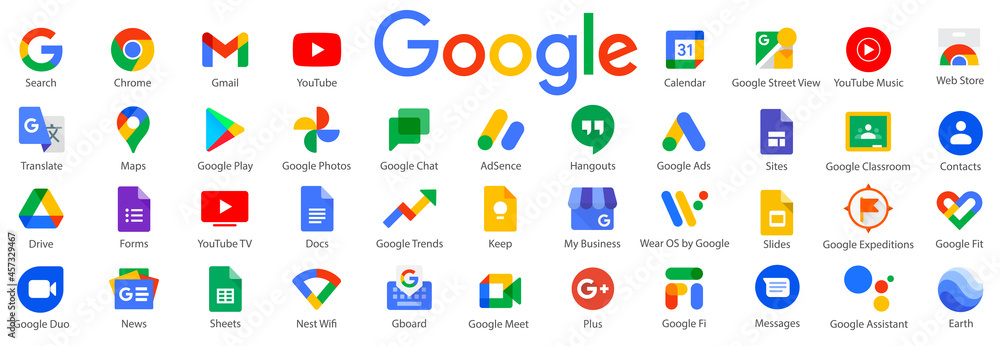 Google product logo. Set of Google products. Google Chrome, Translate, Gmail, Maps, Drive ...