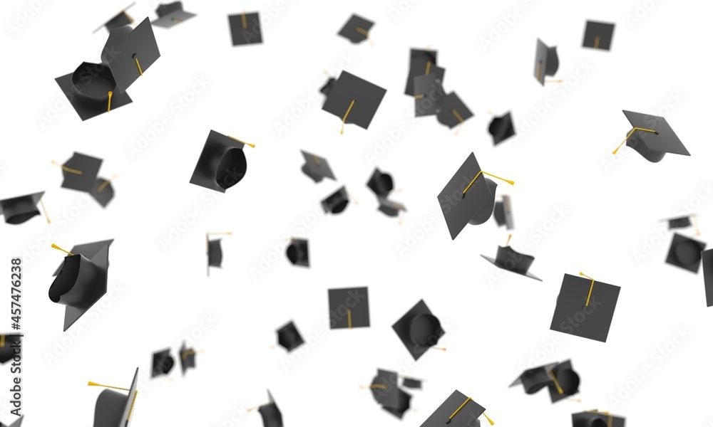3d Graduation cap background. University hats falling on white ...