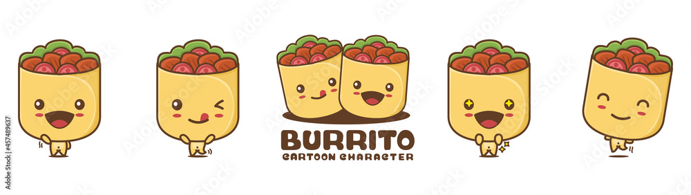 cute burrito mascot, food cartoon illustration, with different facial ...