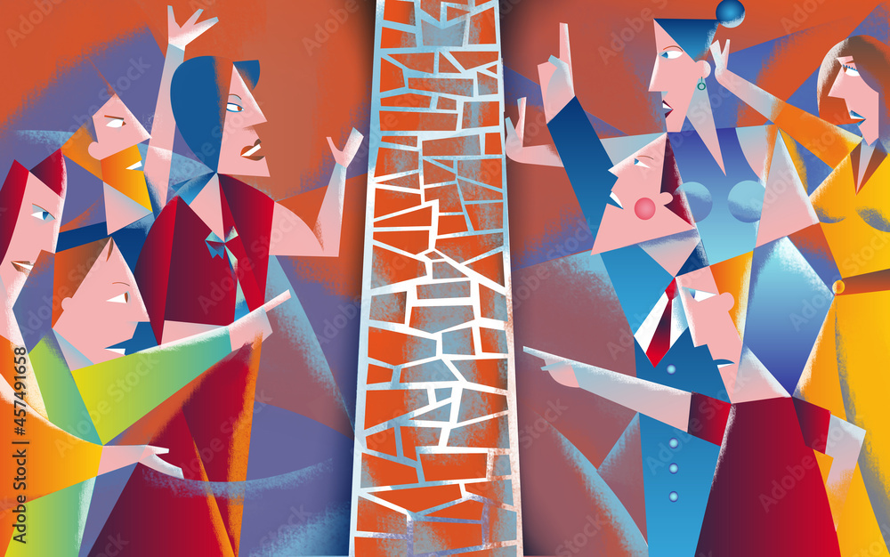 Dispute of two society groups with different opinions divided by wall ...