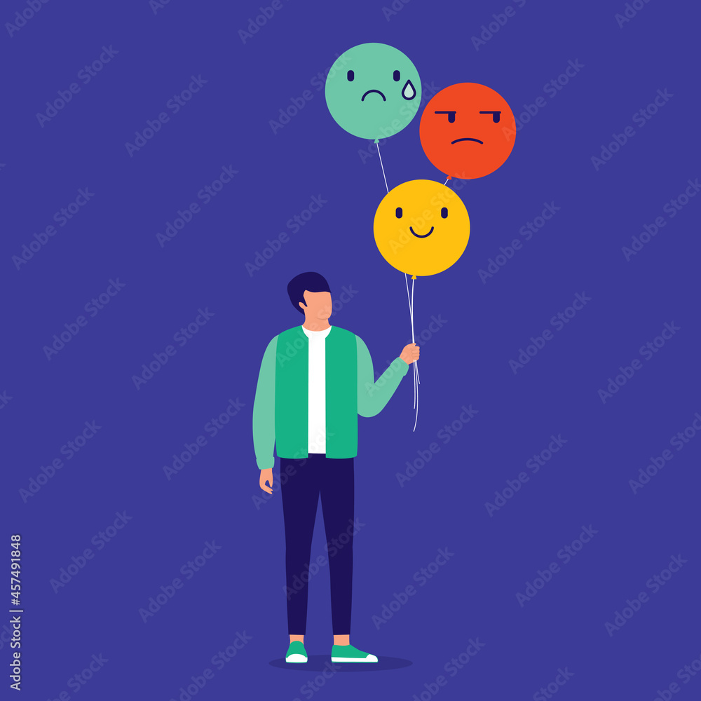 Mixed Feelings And Emotions Concept. Young Man Holding Balloons With ...
