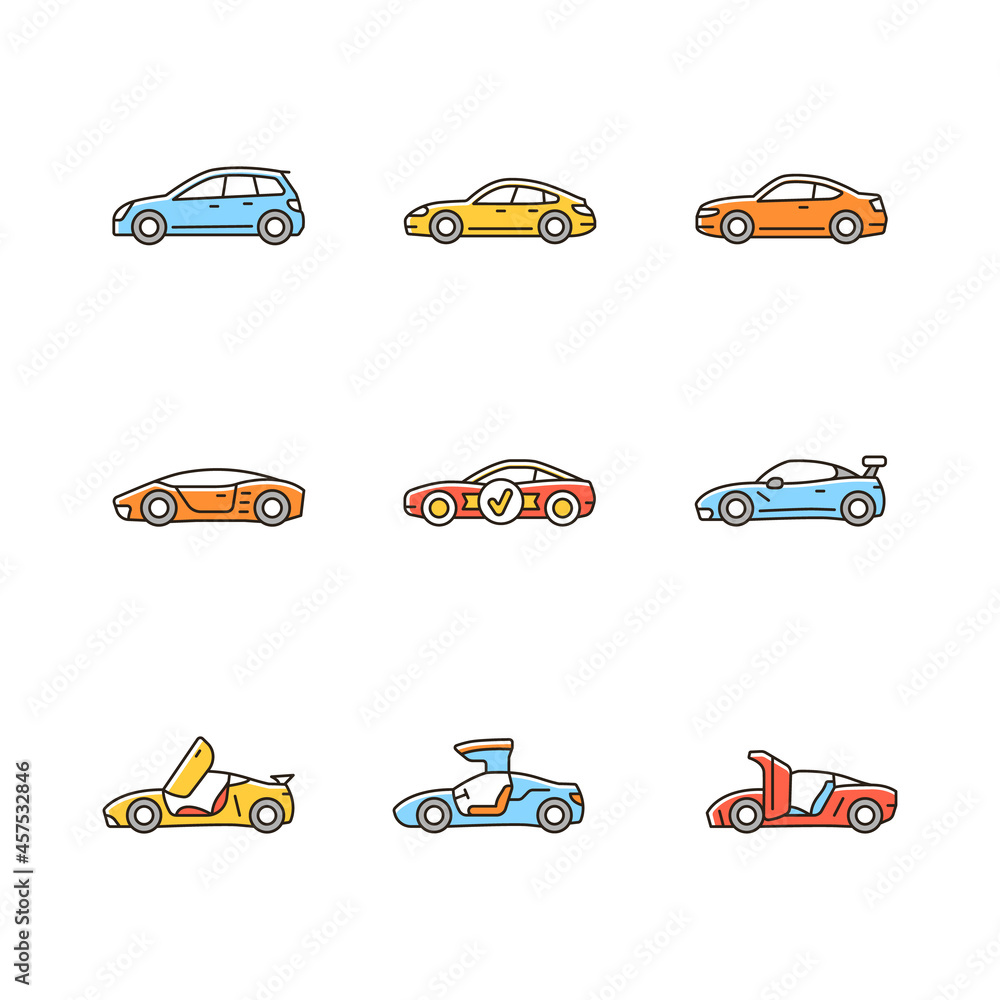 Sports car models RGB color icons set. Non-standard door designs. High ...