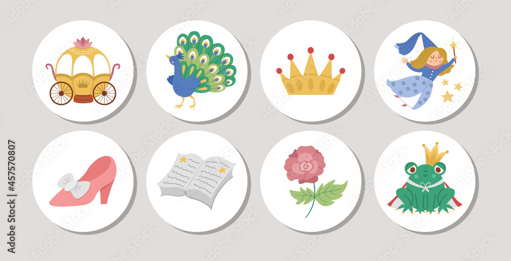 Cute set of Fairytale round cards with princess objects. Vector fairy ...