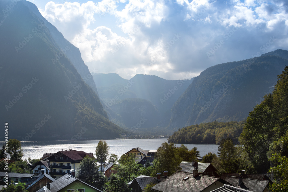 Obertraun view between the mountains with Hallstatter See, sparkling ...
