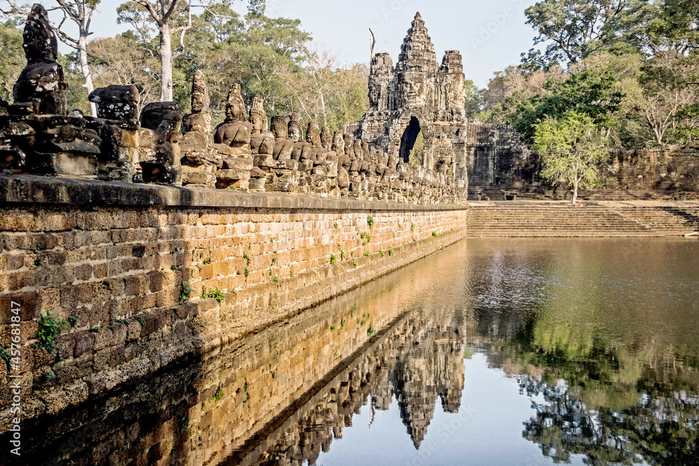 ancient sculptures on south gate bridge at Angkor Wat in Cambodia Stock ...