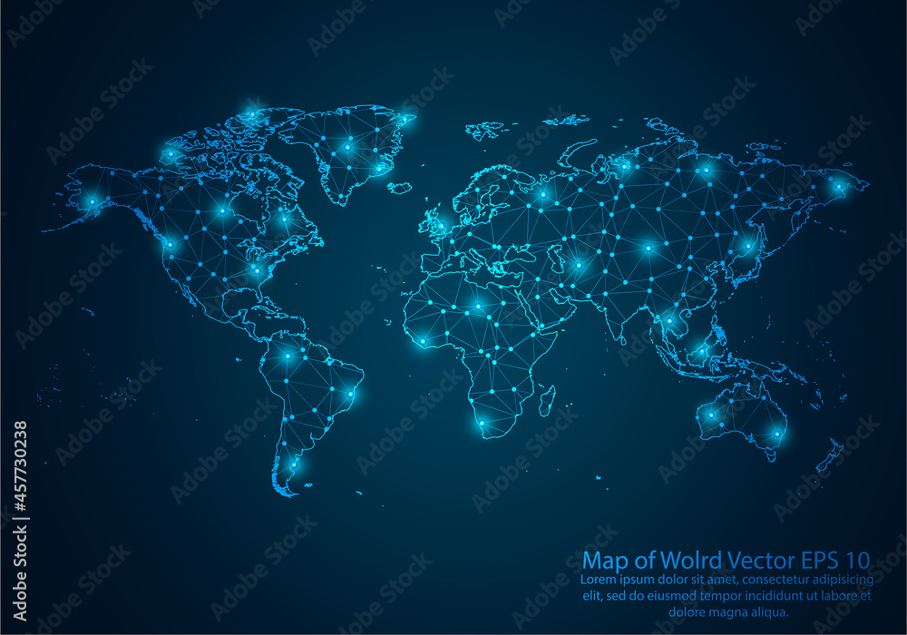 Abstract mash line and point scales on dark background with map of ...