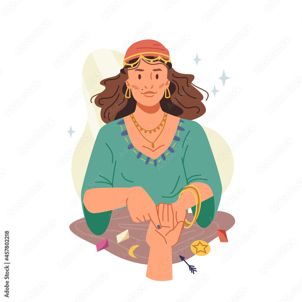 Fortune teller woman guessing and predicting on hand isolated flat ...