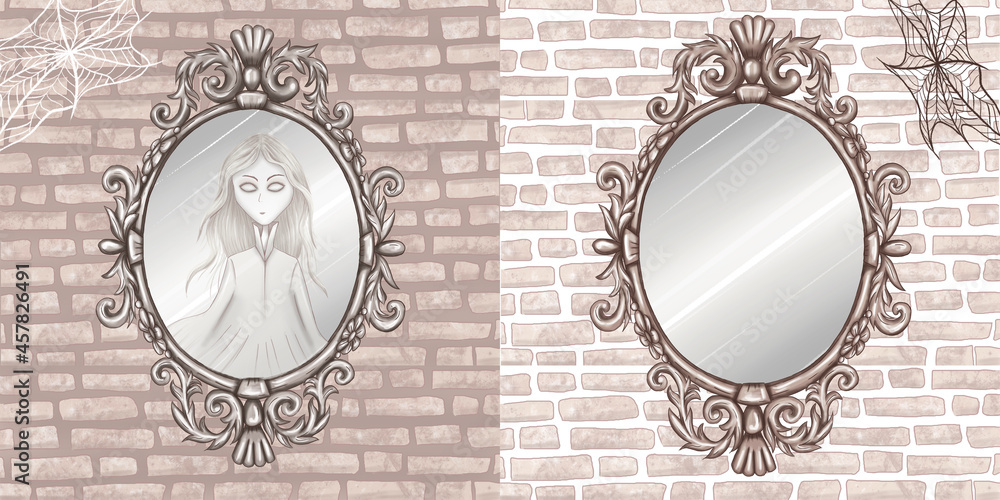 Spooky antique mirror hanging on the wall, spider net, mysterious ...