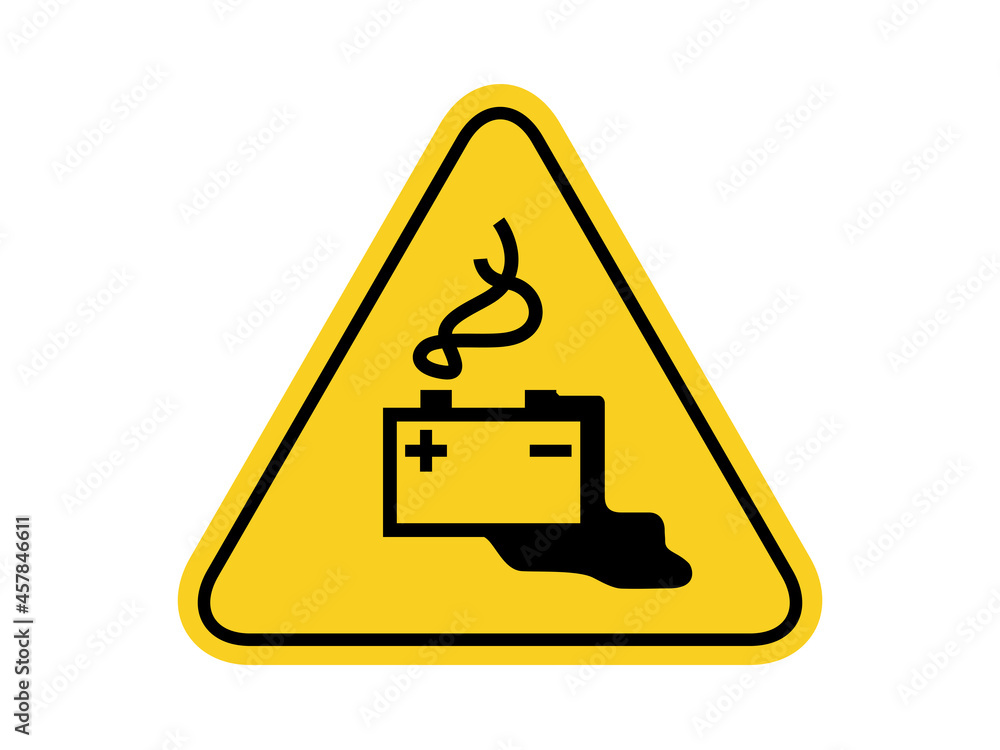 isolated battery charging area, common hazards symbols on yellow round ...