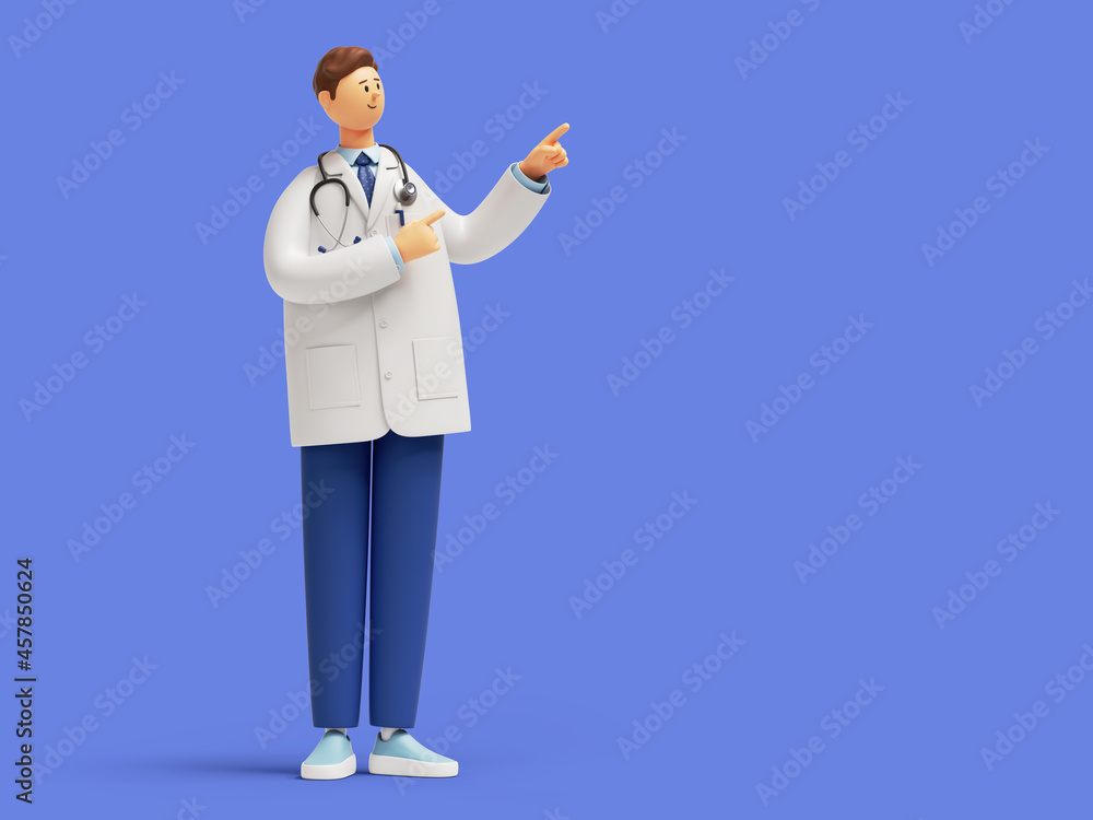 3d render. Human doctor cartoon character wearing white lab coat with ...